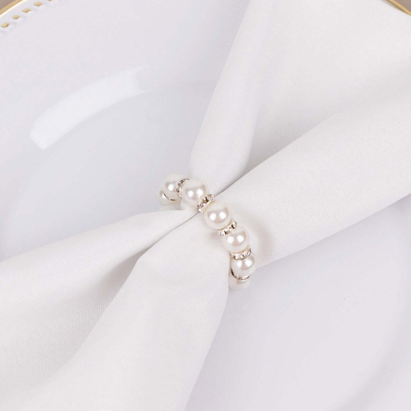 White Pearl Beads Silver Rhinestone Napkin Rings | TableclothsFactory
