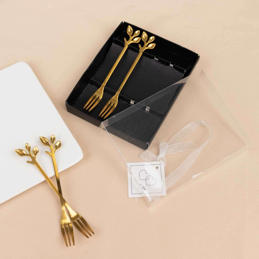 Gold Metal Cake Forks 4 Pack with Leaf Handles | TableclothsFactory