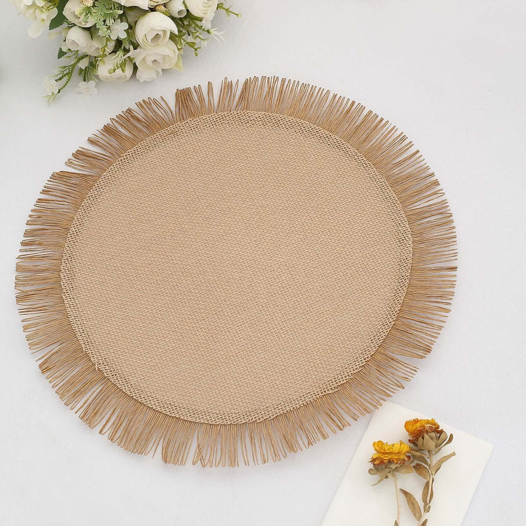 Burlap Placemats Fringe Edge Round Natural 15" | TableclothsFactory