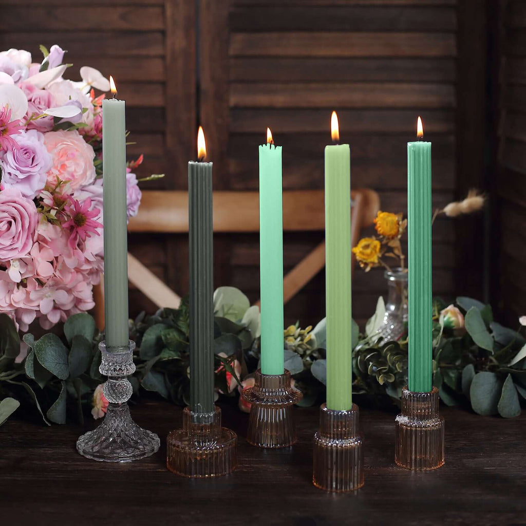 Assorted Green Ribbed Taper Candles | TableclothsFactory