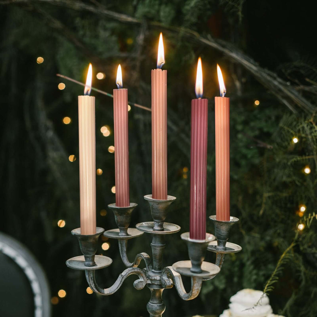 Assorted Natural Ribbed Taper Candles | TableclothsFactory