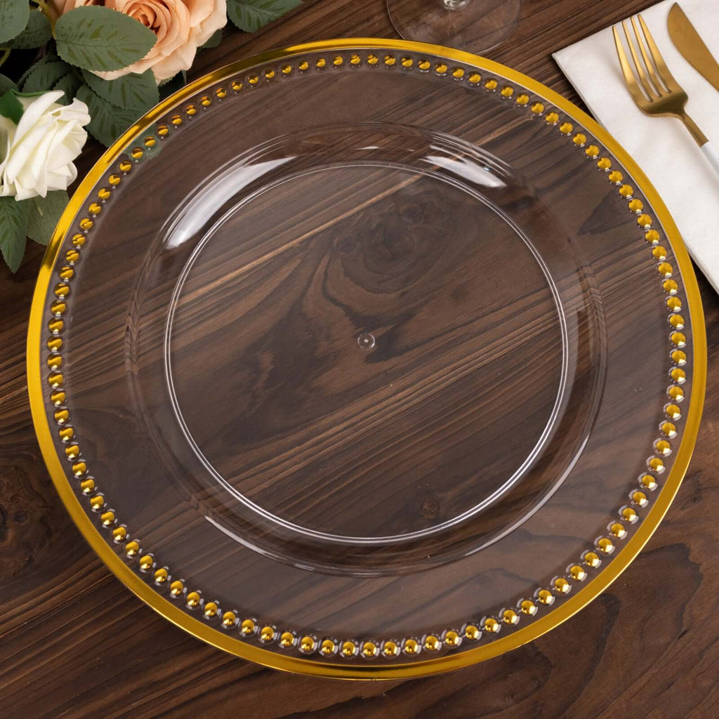 Clear/Gold Beaded Rim Charger Plates 6 Pack | TableclothsFactory