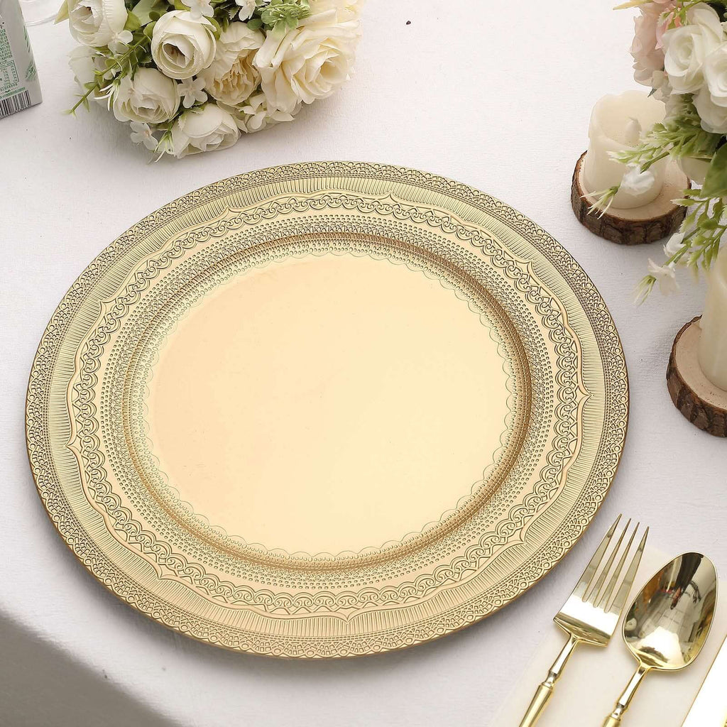 Gold Lace Embossed Plastic Charger Plates | TableclothsFactory
