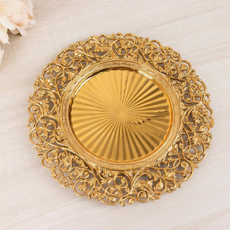 Hollow Lace Border Acrylic Charger Plates Gold 12" | TableclothsFactory