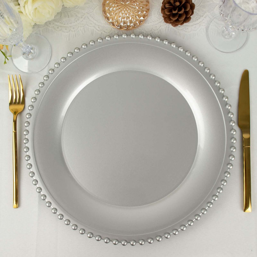 Beaded Rim Acrylic Charger Plates Silver 13" | TableclothsFactory