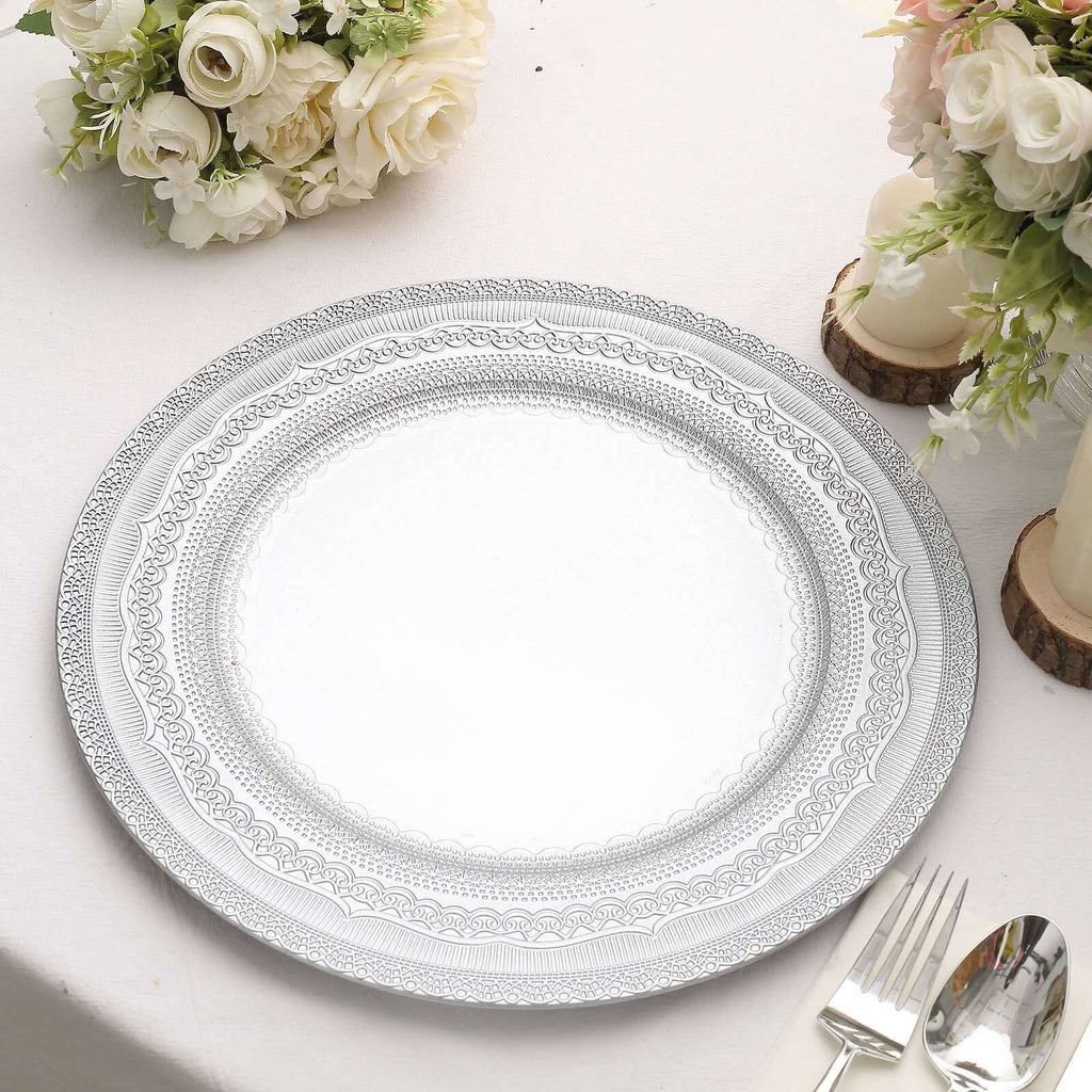 Silver Lace Embossed Plastic Charger Plates | TableclothsFactory