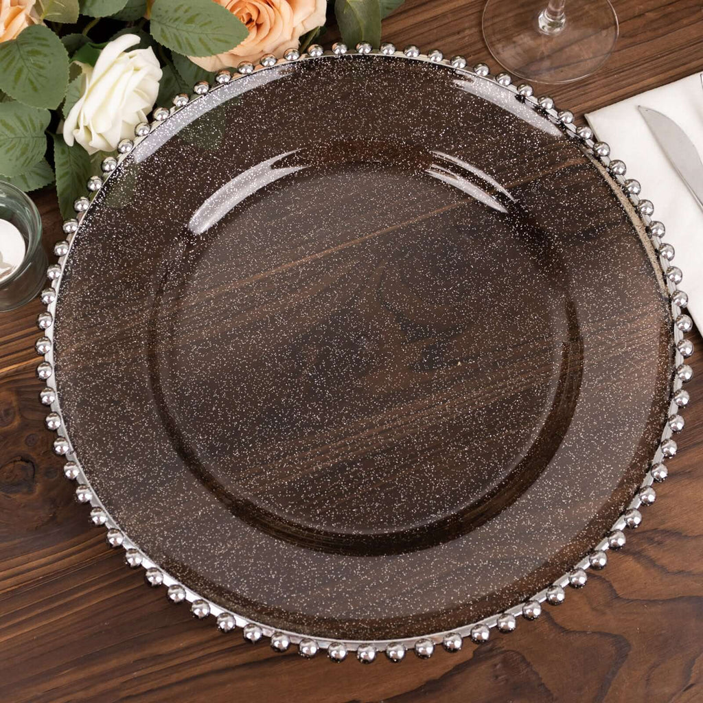Beaded Rim Acrylic Charger Plates Black/Silver 13" | TableclothsFactory