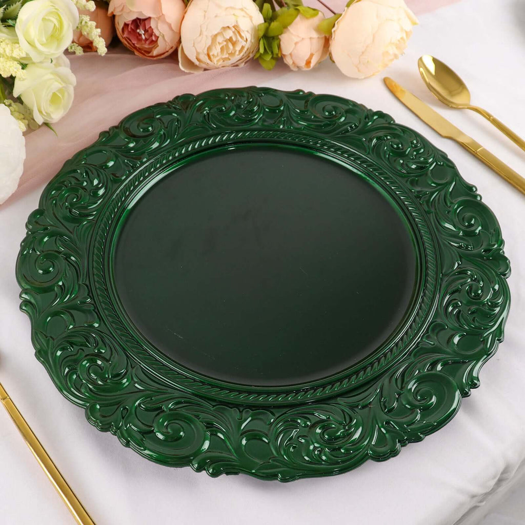 Emerald Green Vintage Baroque Charger Plates | TableclothsFactory