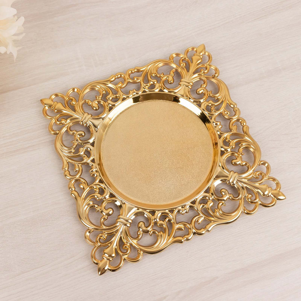 Hollow Lace Border Acrylic Charger Plates Gold 12" | TableclothsFactory