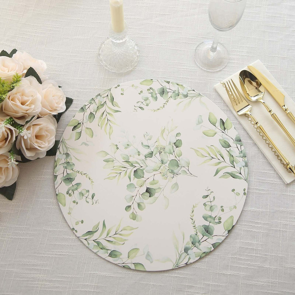 Eucalyptus Leaves Print Paper Chargers White/Green 13" | TableclothsFactory