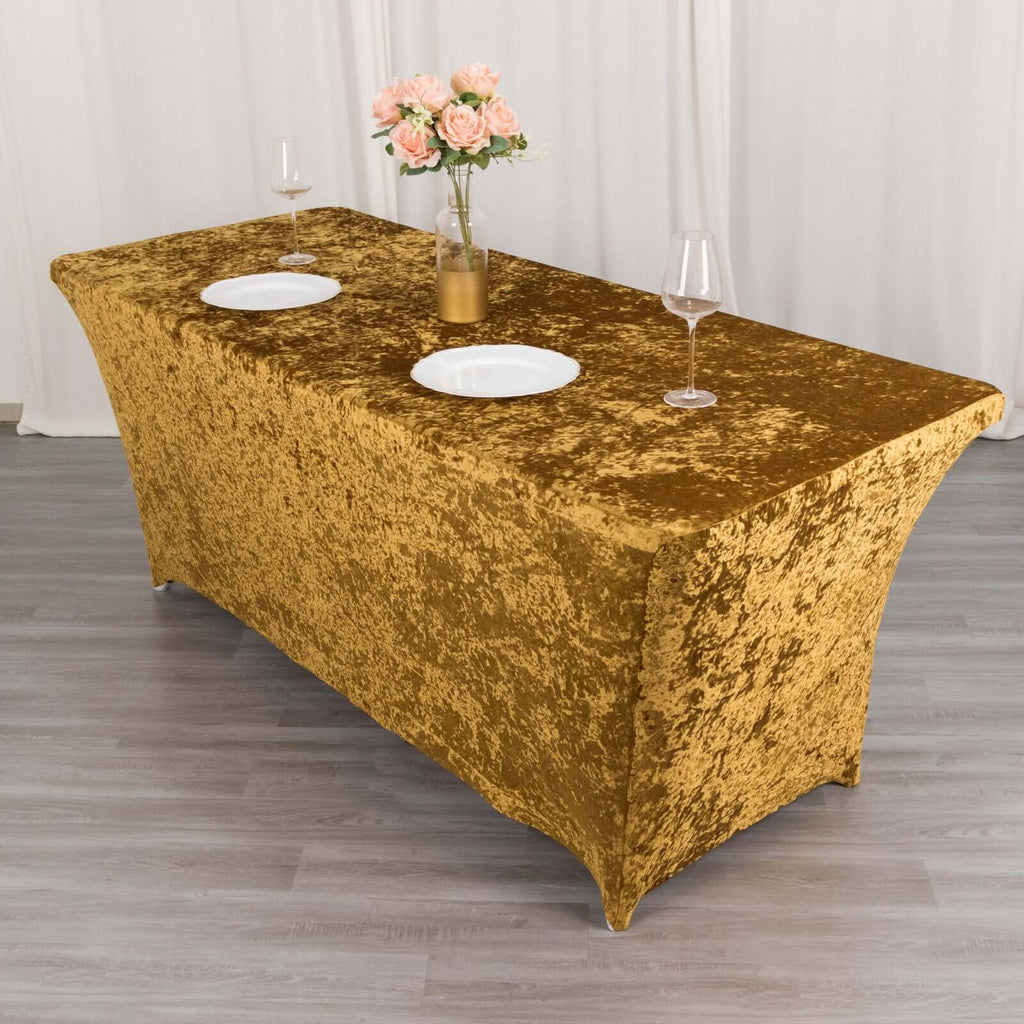 Crushed Velvet Fitted Table Cover 6ft Gold by TableclothsFactory.com