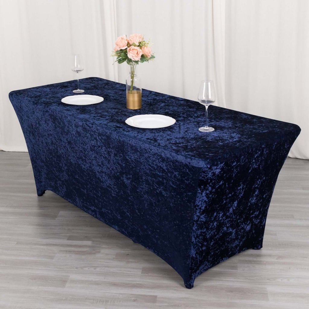 Crushed Velvet Fitted Table Cover 6ft Navy Blue by TableclothsFactory.com