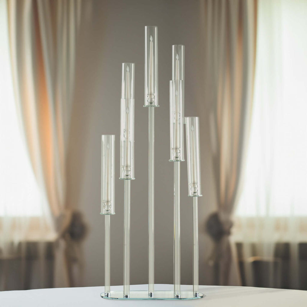 7-Arm Clear Crystal Cluster Candelabra 47" | TableclothsFactory