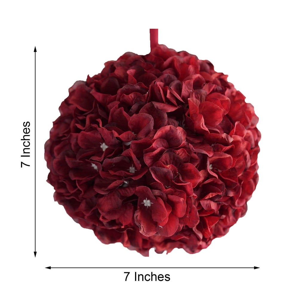 7" Burgundy Silk Hydrangea Flower Balls | TableclothsFactory