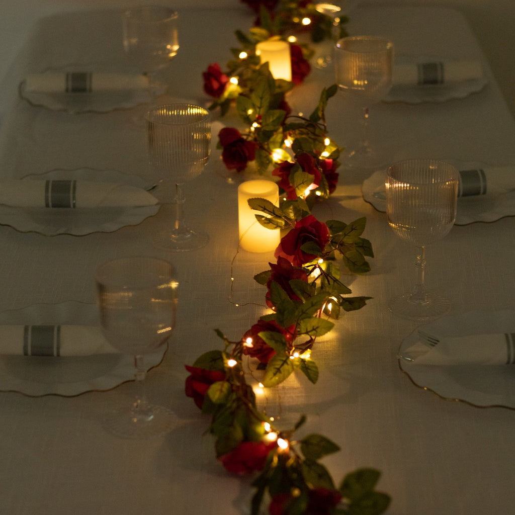 LED Red Silk Rose Garland Lights | TableclothsFactory