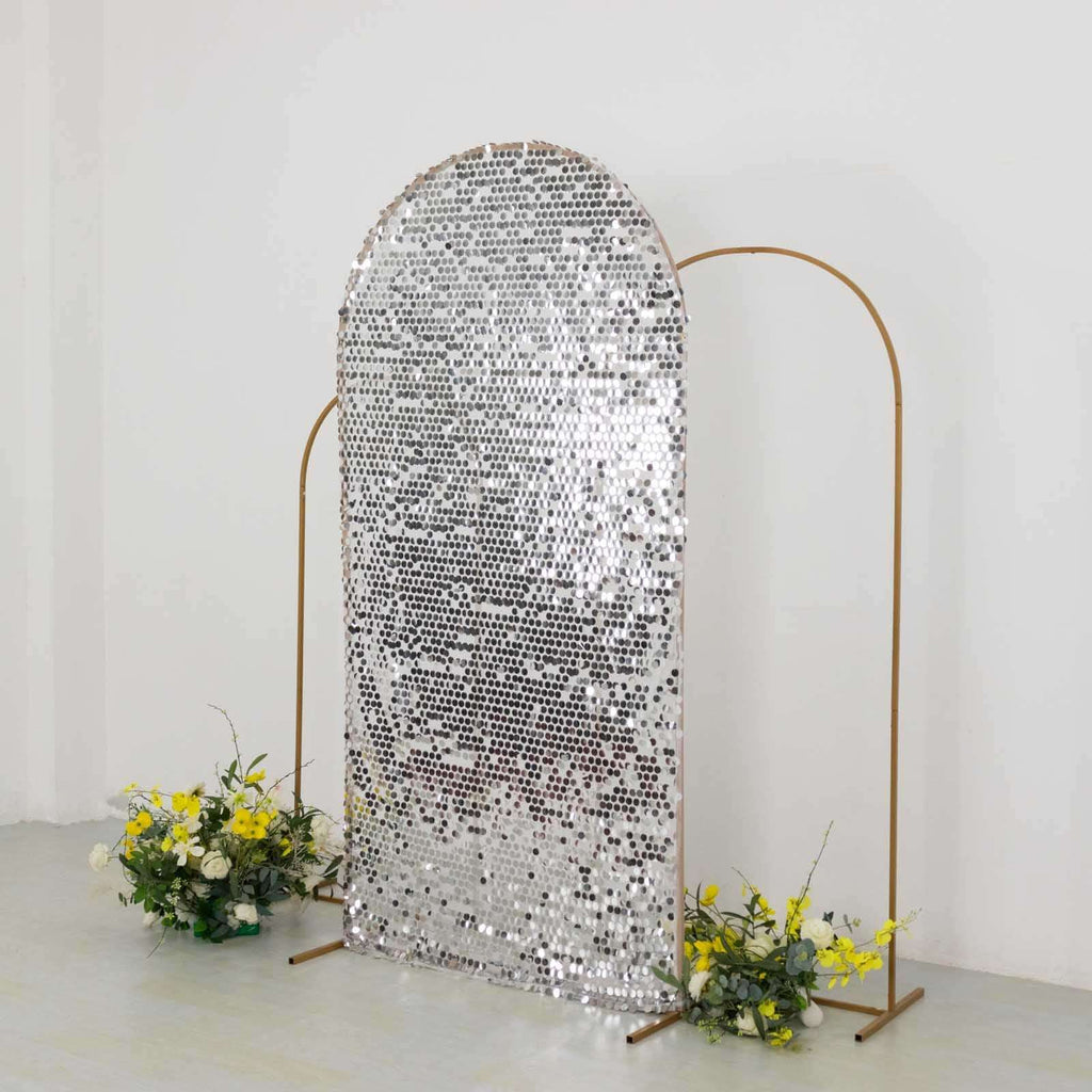 7ft Silver Sequin Wedding Arch Cover | TableclothsFactory