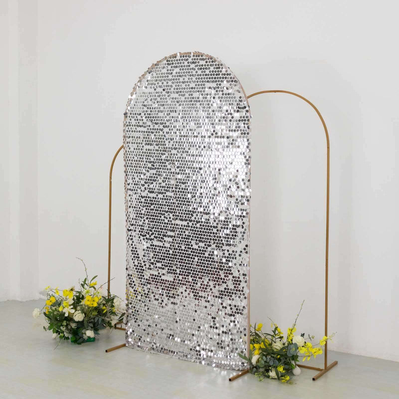 7ft Silver Sequin Wedding Arch Cover | TableclothsFactory