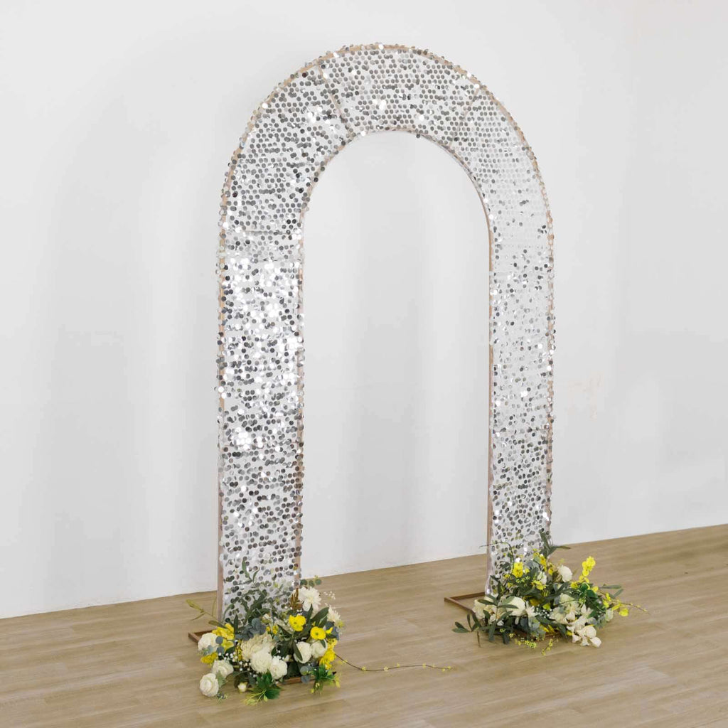 8ft Silver Sequin Wedding Arch Cover | TableclothsFactory