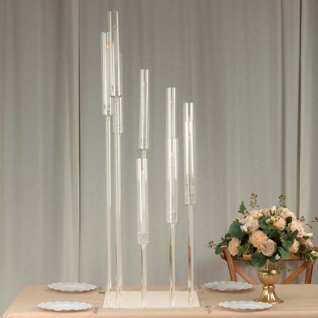 9-Arm Clear Acrylic Candelabra with Square Base 4ft | TableclothsFactory