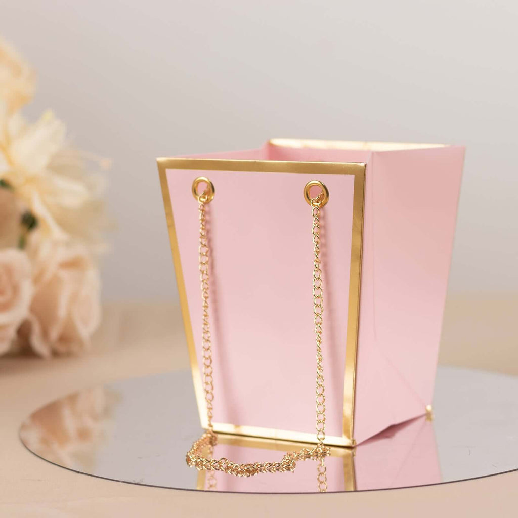 Pink Gold Edge Paper Flower Gift Bags - 6 Pack | tableclothsfactory.com