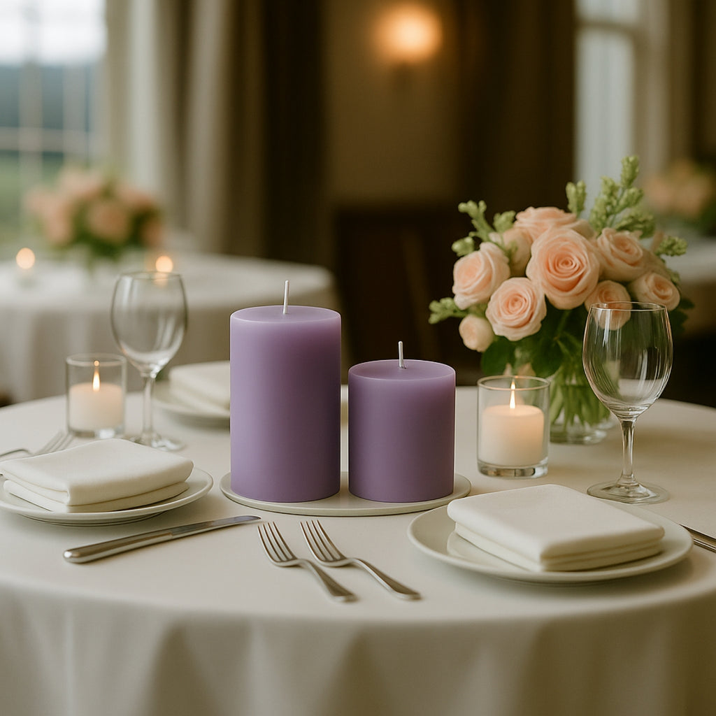 6pk Unscented Pillar Candles 3x3 Lavender | TableclothsFactory