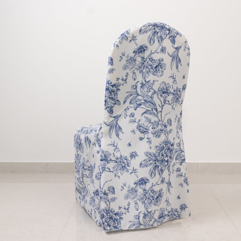 10 pk Polyester Chair Covers Blue Toile | TableclothsFactory
