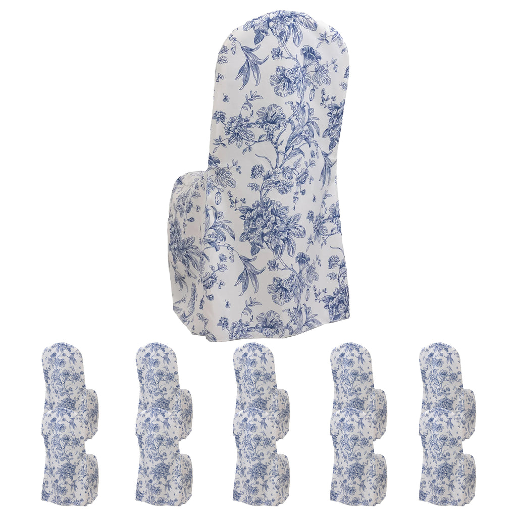 10 pk Polyester Chair Covers Blue Toile | TableclothsFactory
