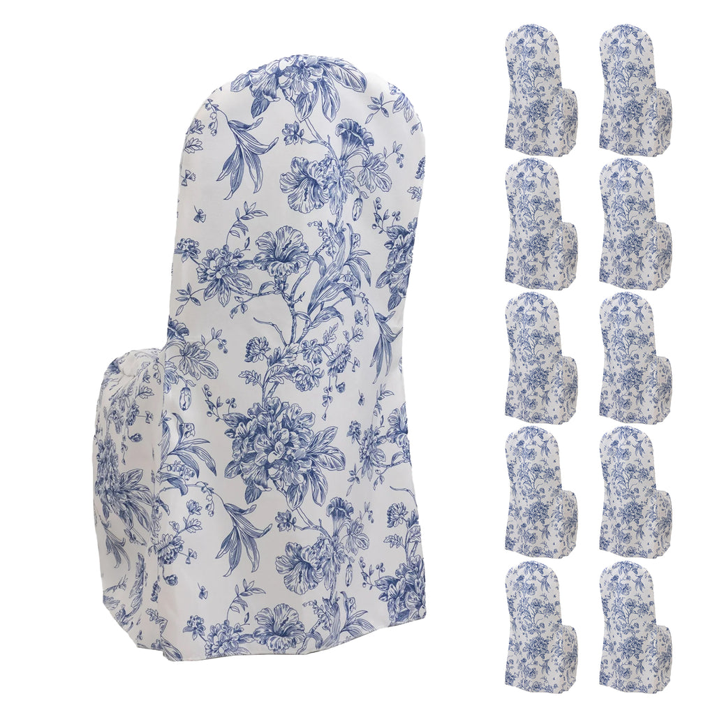 10 pk Polyester Chair Covers Blue Toile | TableclothsFactory