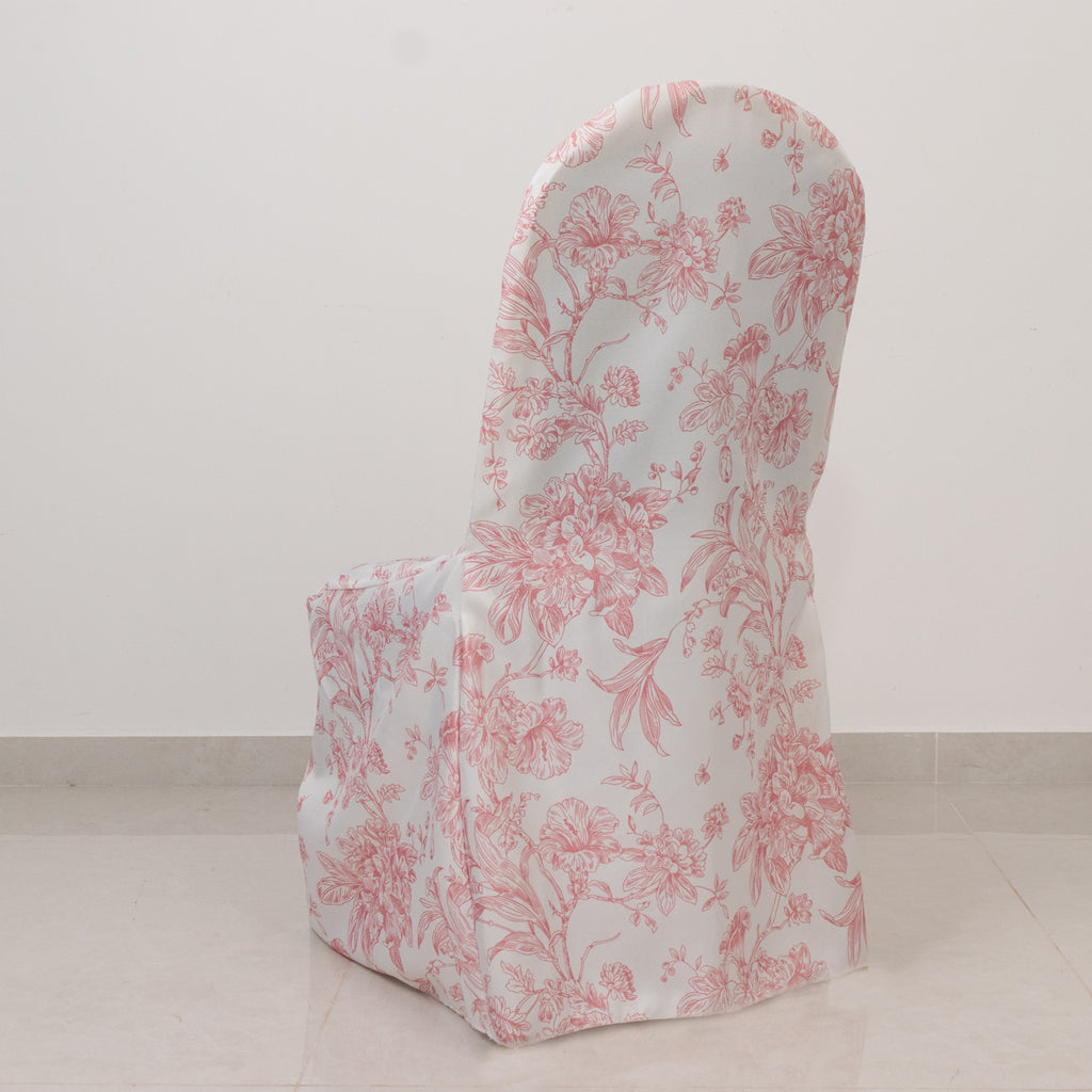 10 pk Polyester Chair Covers Pink Toile | TableclothsFactory