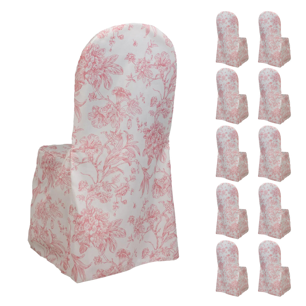 10 pk Polyester Chair Covers Pink Toile | TableclothsFactory