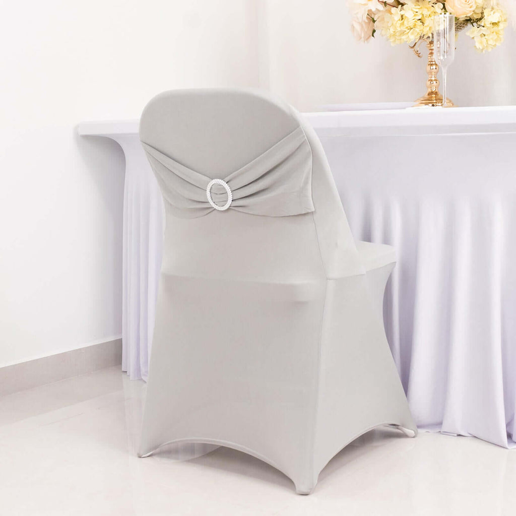 Spandex Folding Chair Cover & Buckle Sash Silver by TableclothsFactory.com