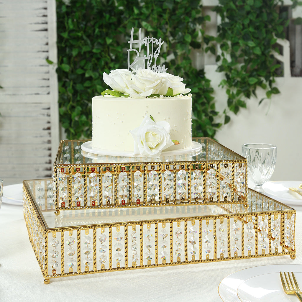 14" Square Gold Cake Stand with Beads | TableclothsFactory