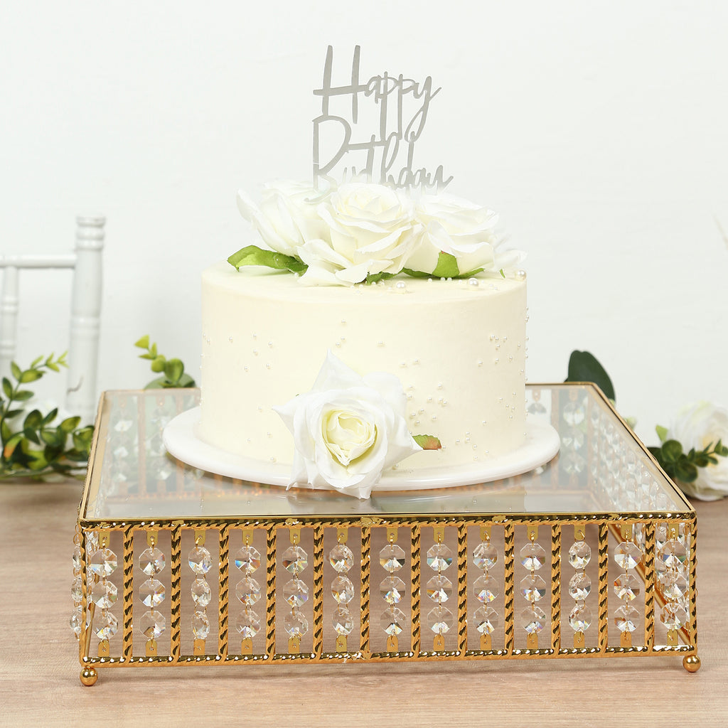 14" Square Gold Cake Stand with Beads | TableclothsFactory