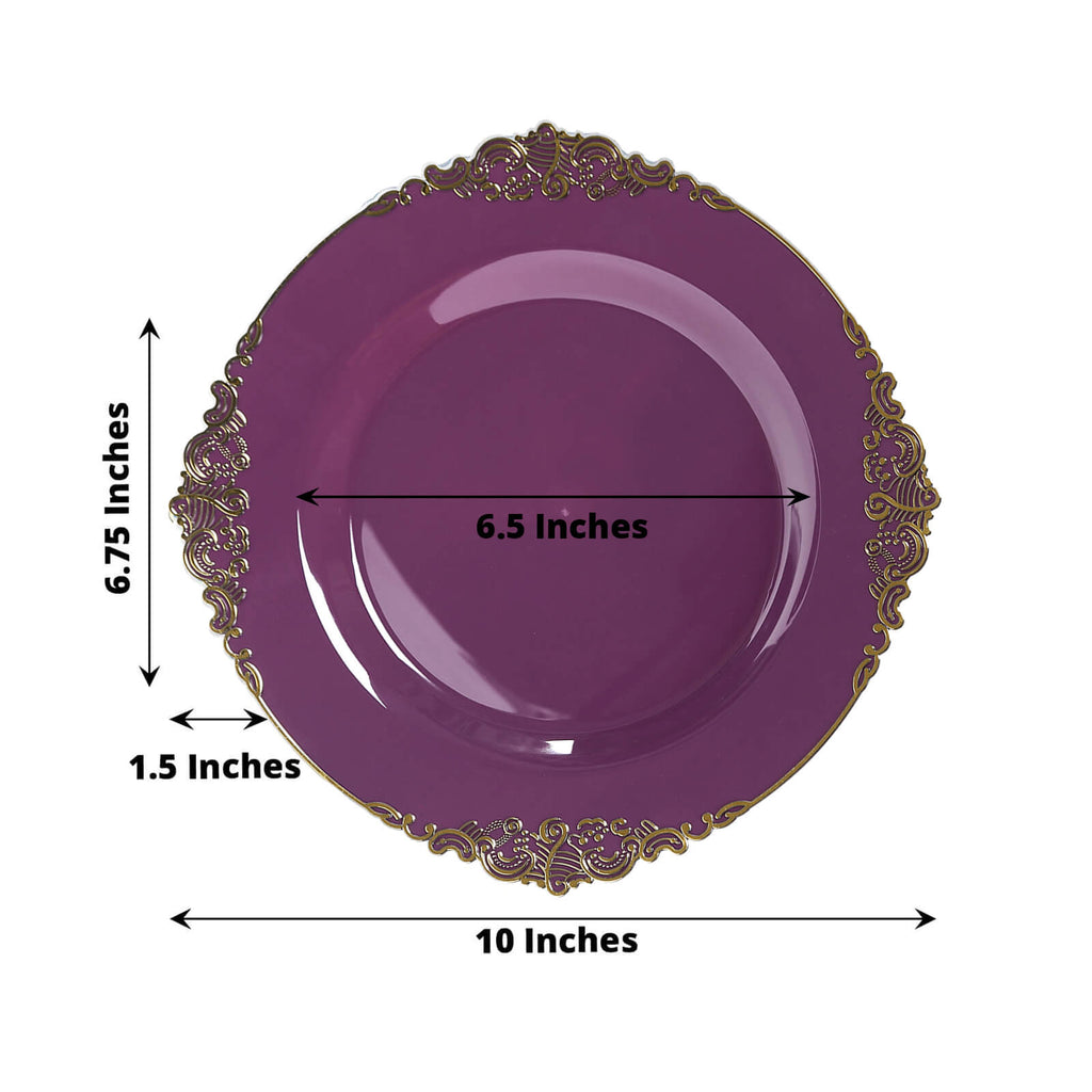 Baroque 10" Purple Gold Plastic Plates | TableclothsFactory