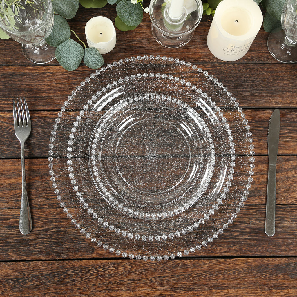 10" Clear Silver Rim Plates Glittered 10-Pack | Tableclothsfactory