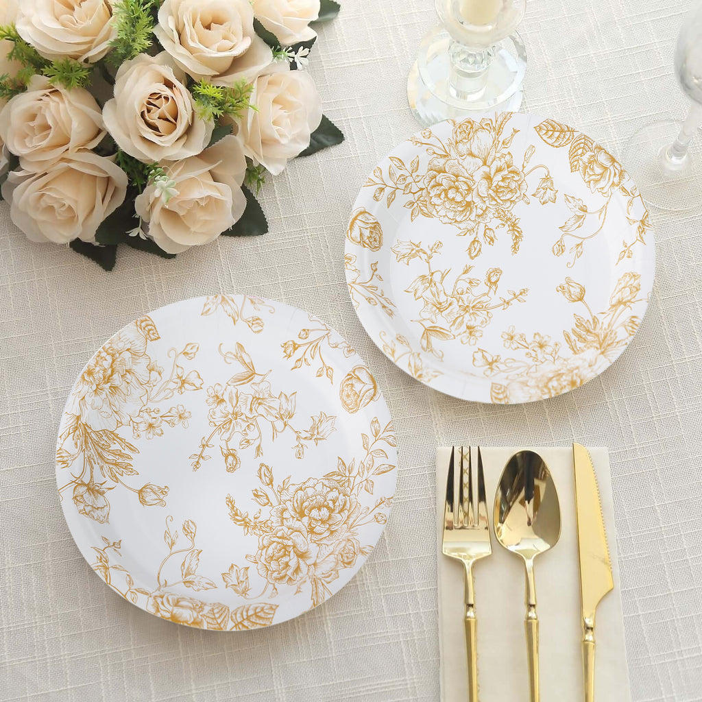 French Toile Paper 7" Salad Plates White/Gold | TableclothsFactory