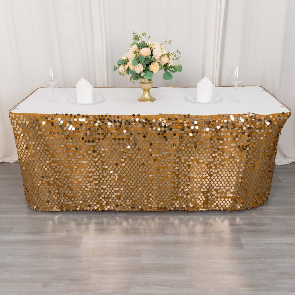 Sequin Satin Table Skirt 21ft Gold by TableclothsFactory.com