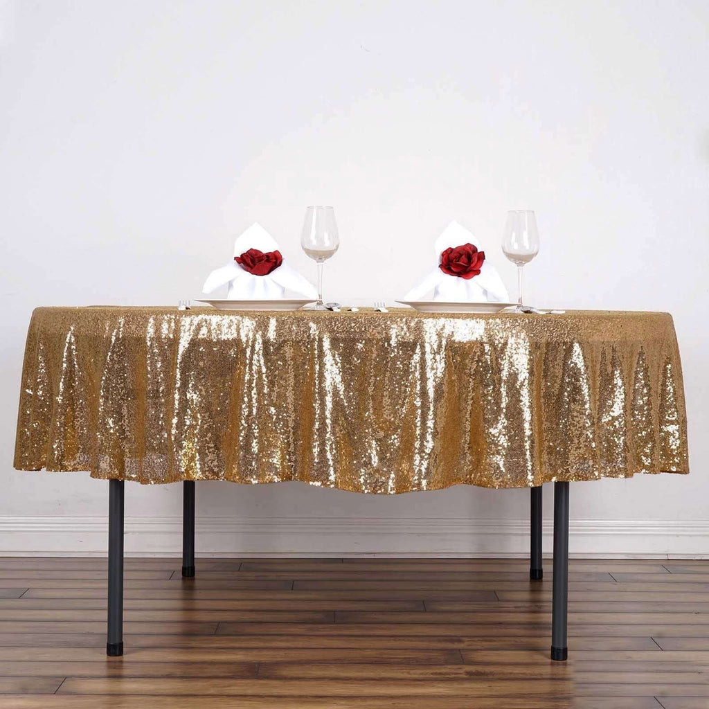 Sequin Round Tablecloth 90" Gold by TableclothsFactory.com