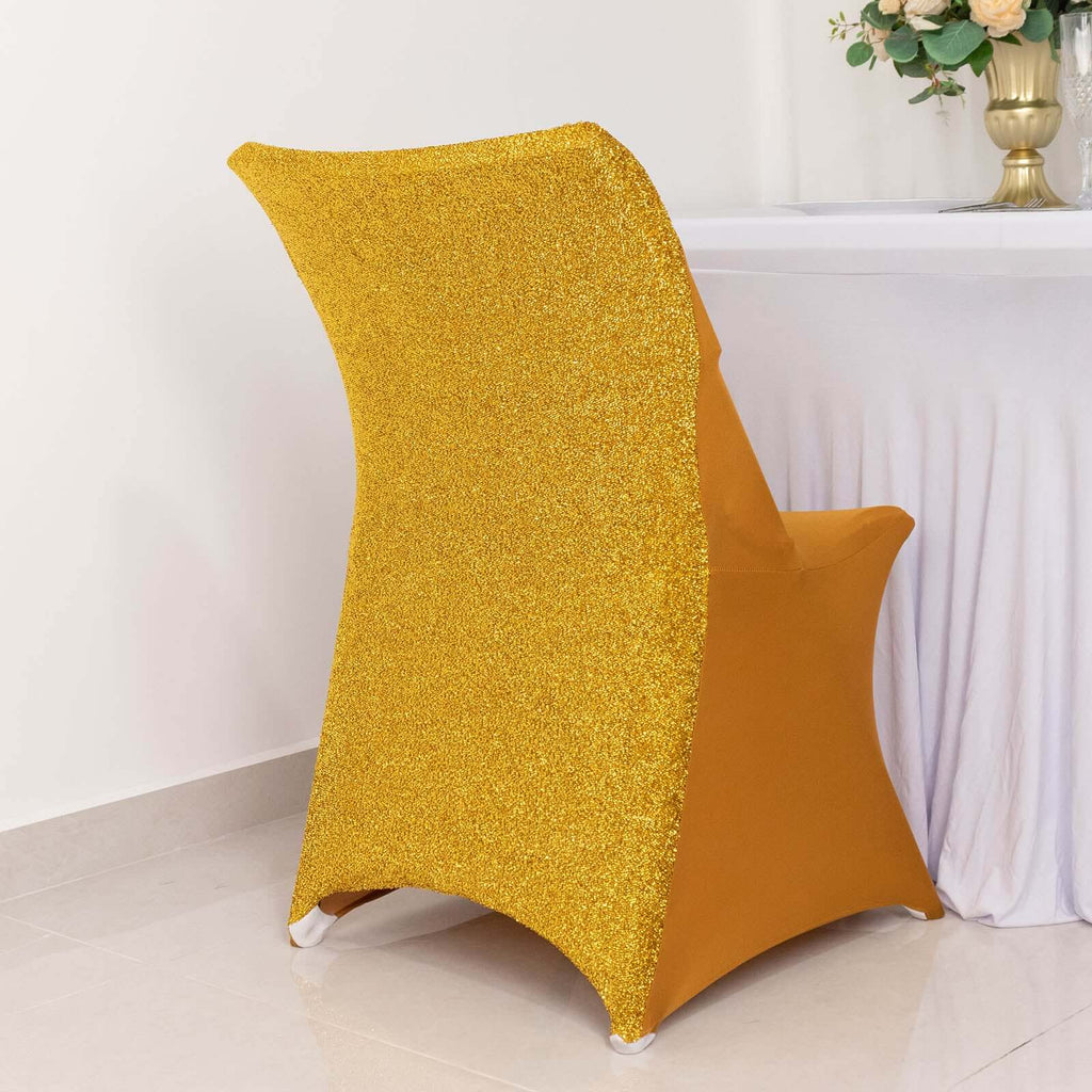 Metallic Tinsel Back Spandex Chair Cover Gold by TableclothsFactory.com