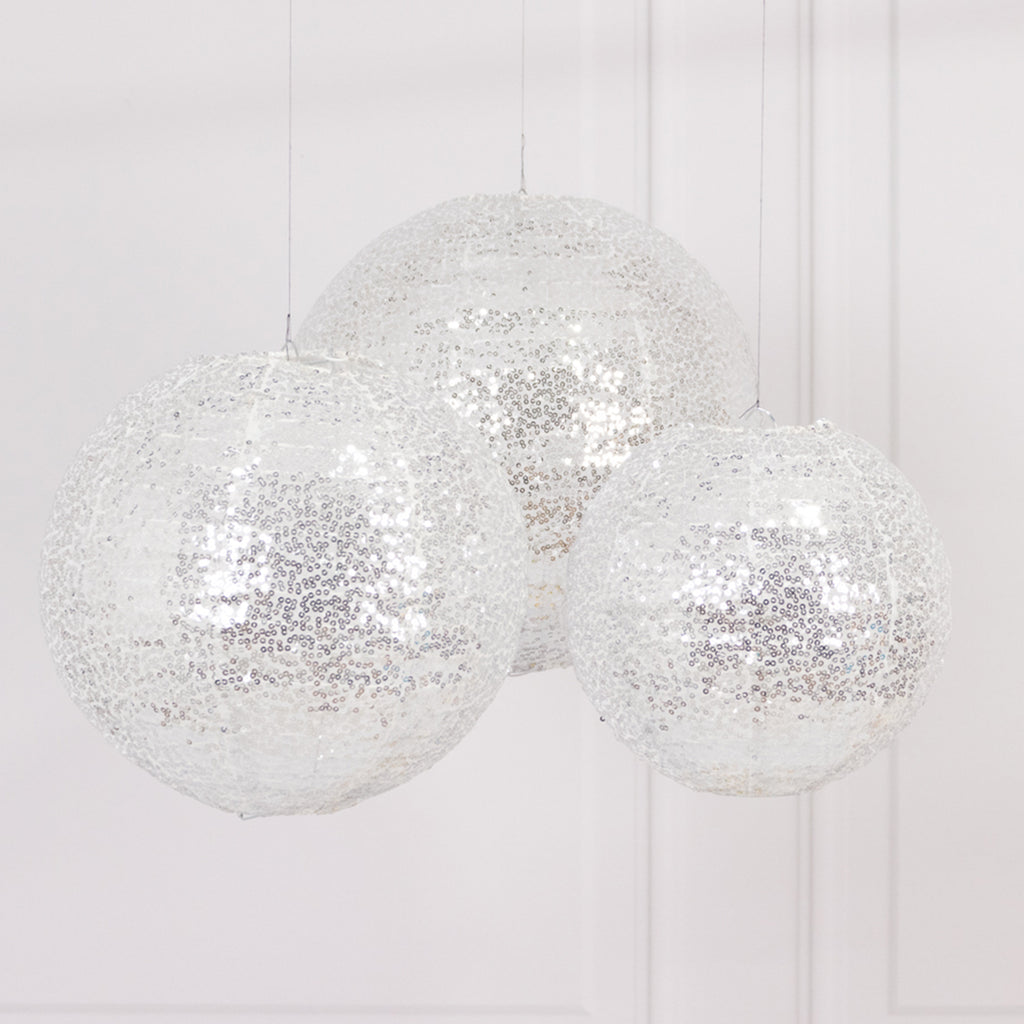 Silver Sequin Hanging Lanterns | TableclothsFactory.com