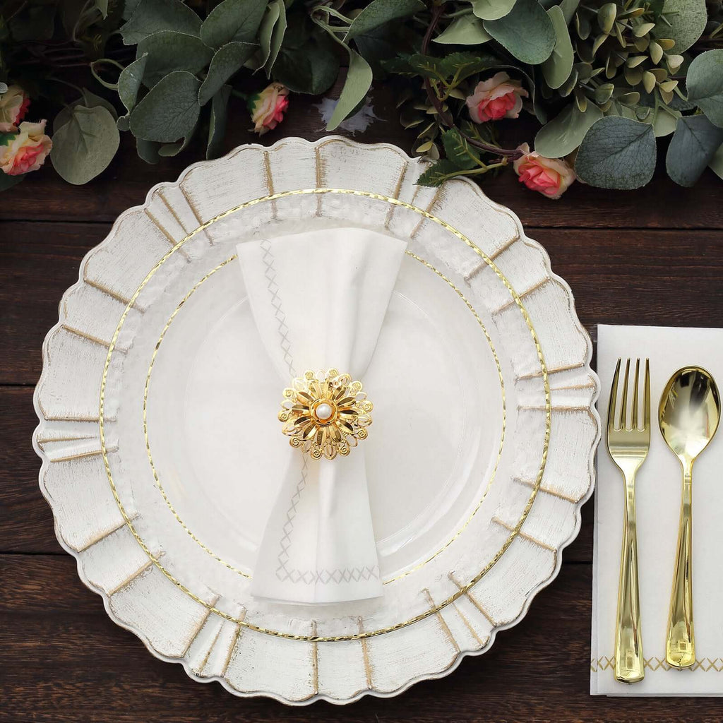 Elegant Gold Pearl Floral Napkin Rings 4 Pack | tableclothsfactory.com
