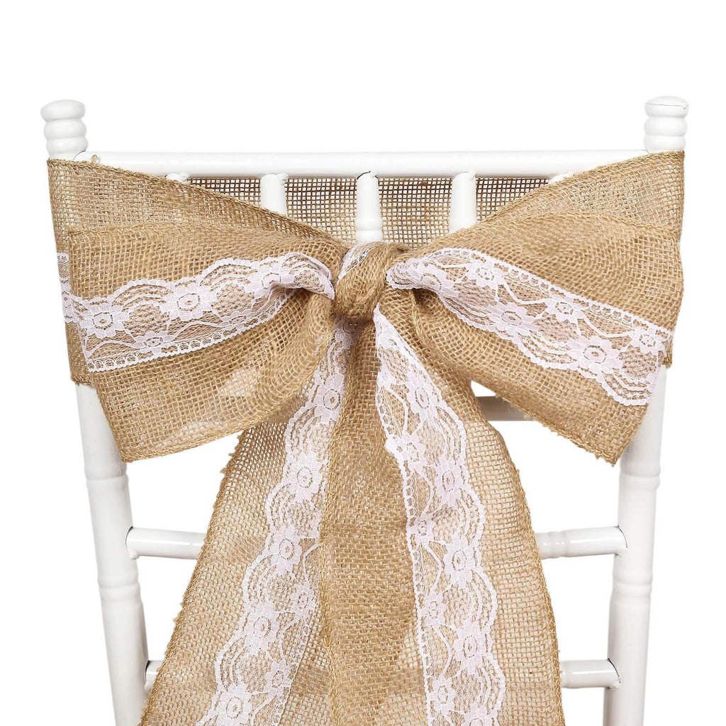 Natural Burlap Lace Chair Sash Jute 5"x108" by TableclothsFactory.com