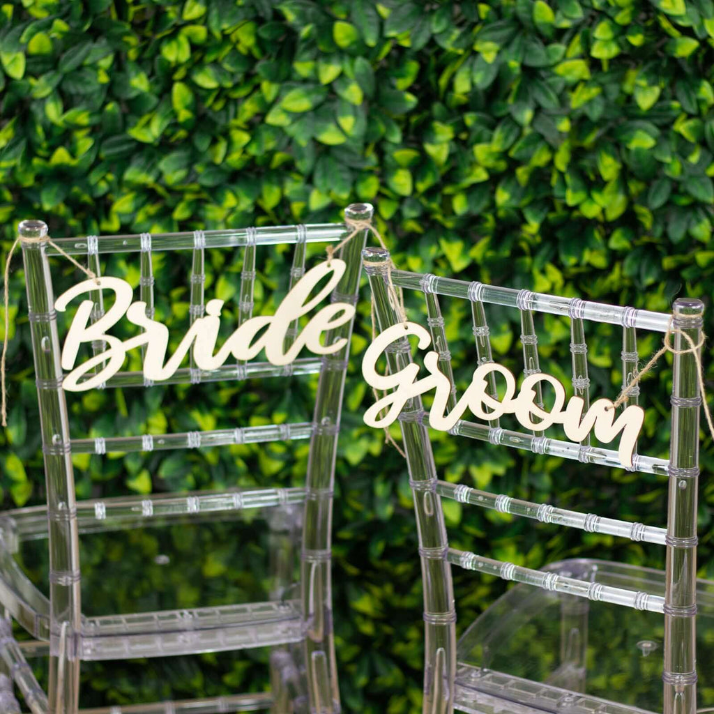 Wood Bride and Groom Chair Signs 12"x5" Natural by TableclothsFactory.com
