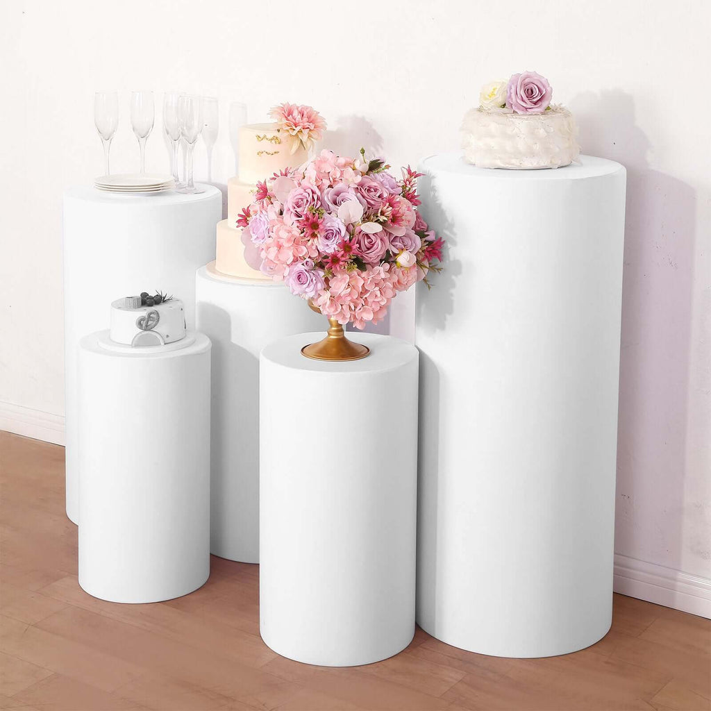 Set of 5 White Spandex Pedestal Stand Covers | tableclothsfactory.com