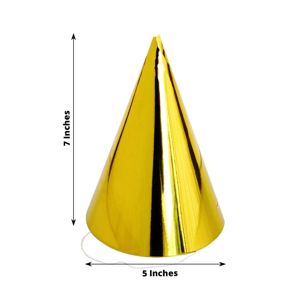 25 Pack Mixed Metallic Foil Cone Party Hats, Pre-Strung Paper Birthday