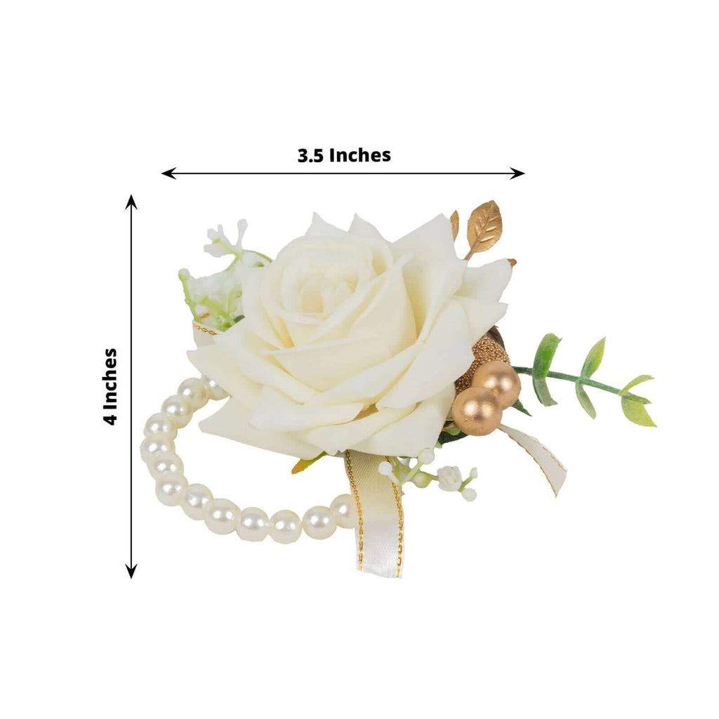 2 Pack White Artificial Rose Wrist Corsages With Pearls, 4" Flower Bra
