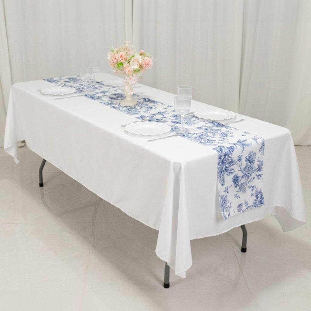 Polyester Floral Table Runner 12"x108" White/Blue by TableclothsFactory.com