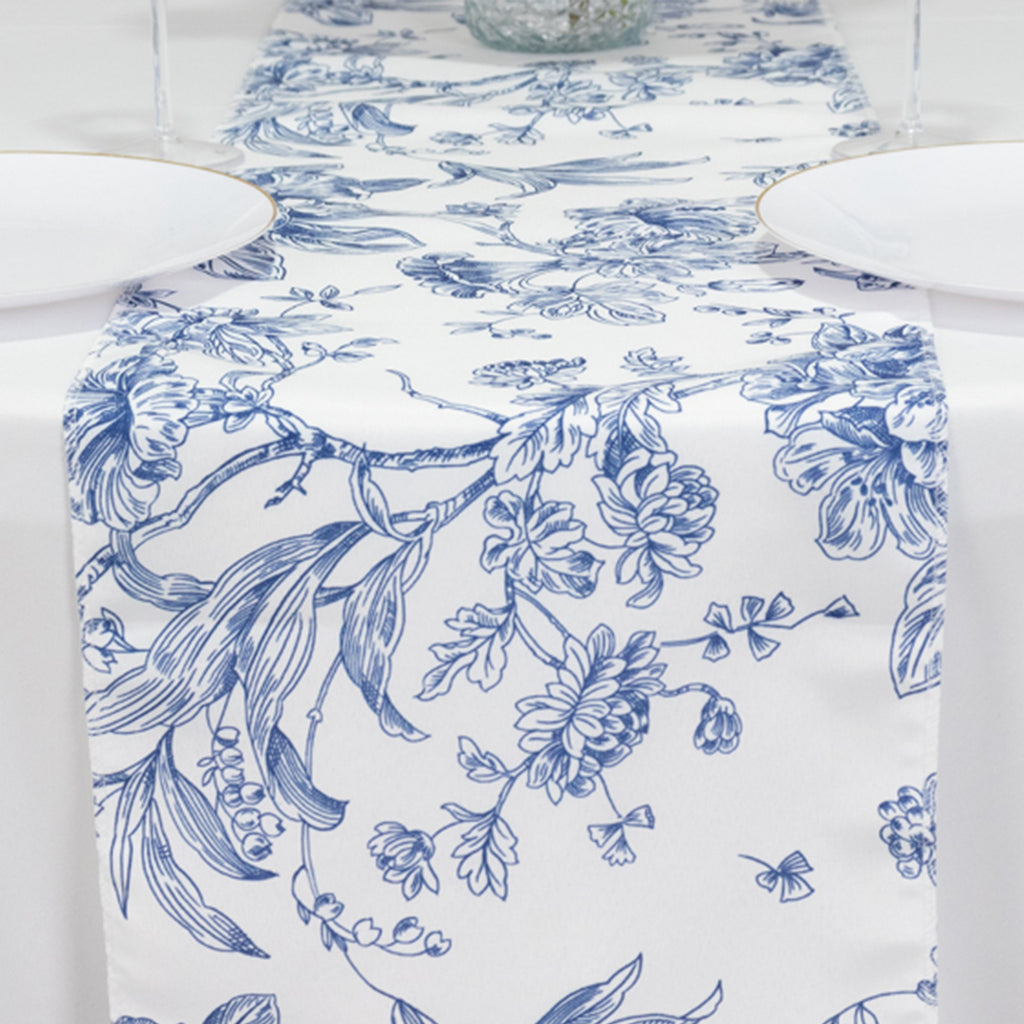 Polyester Floral Table Runner 12"x108" White/Blue by TableclothsFactory.com