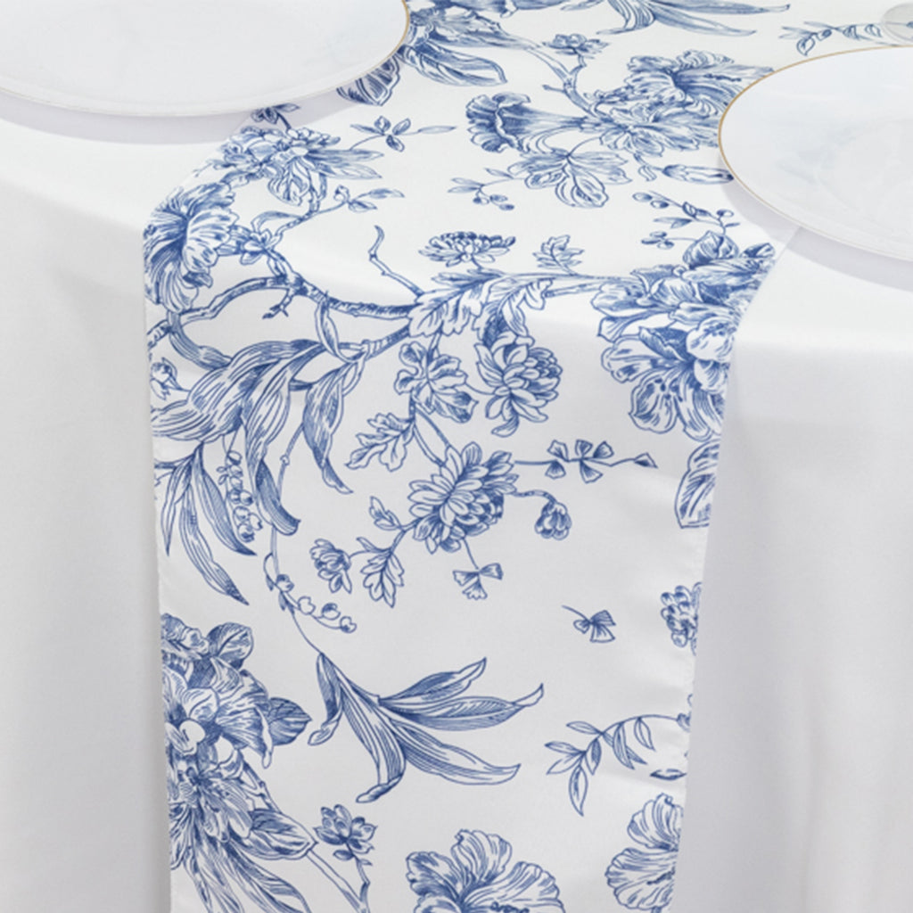 Polyester Floral Table Runner 12"x108" White/Blue by TableclothsFactory.com