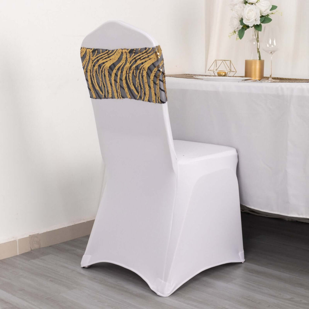 Wave Sequins Chair Sash Bands Black/Gold by TableclothsFactory.com
